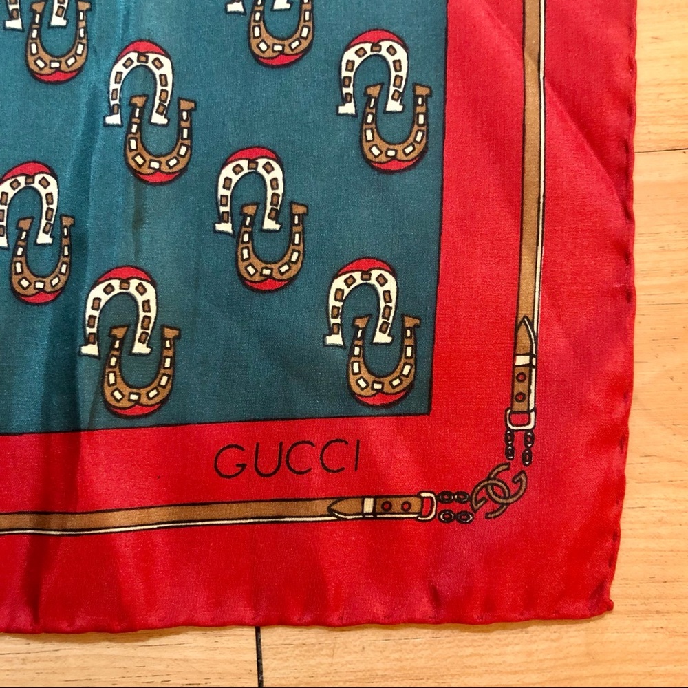 Rare Vintage Gucci Red And Deep Green Silk Scarf 1970… - Gem